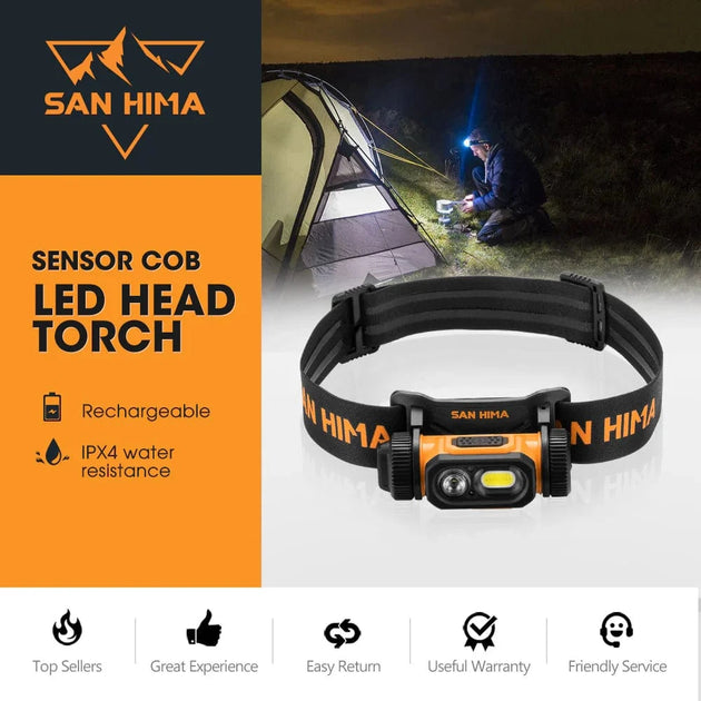 San Hima COB LED Head Torch Headlight Camping Rechargeable Headlamp Wa ...
